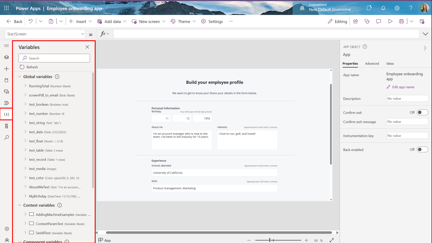 Improved variables and collections experience in Canvas Designer ...